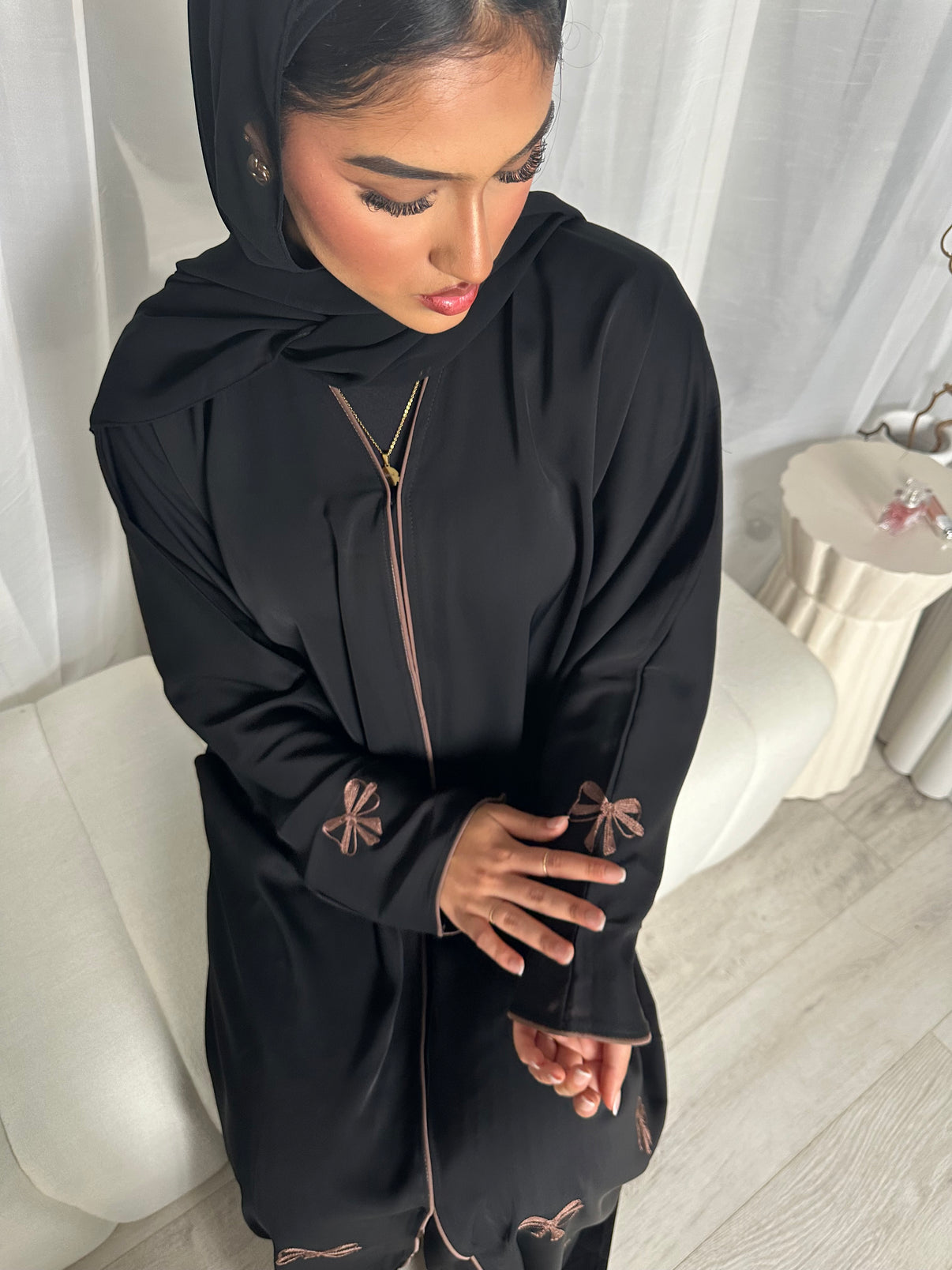 Latifa embroidery abaya with taupe brown bows – modesty living