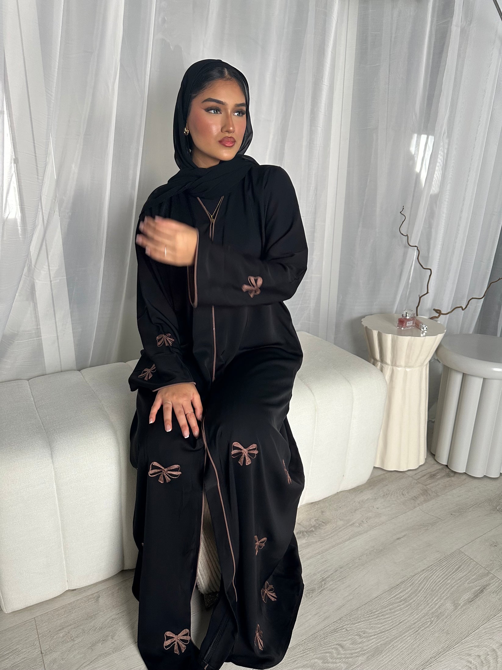 Latifa embroidery abaya with taupe brown bows – modesty living