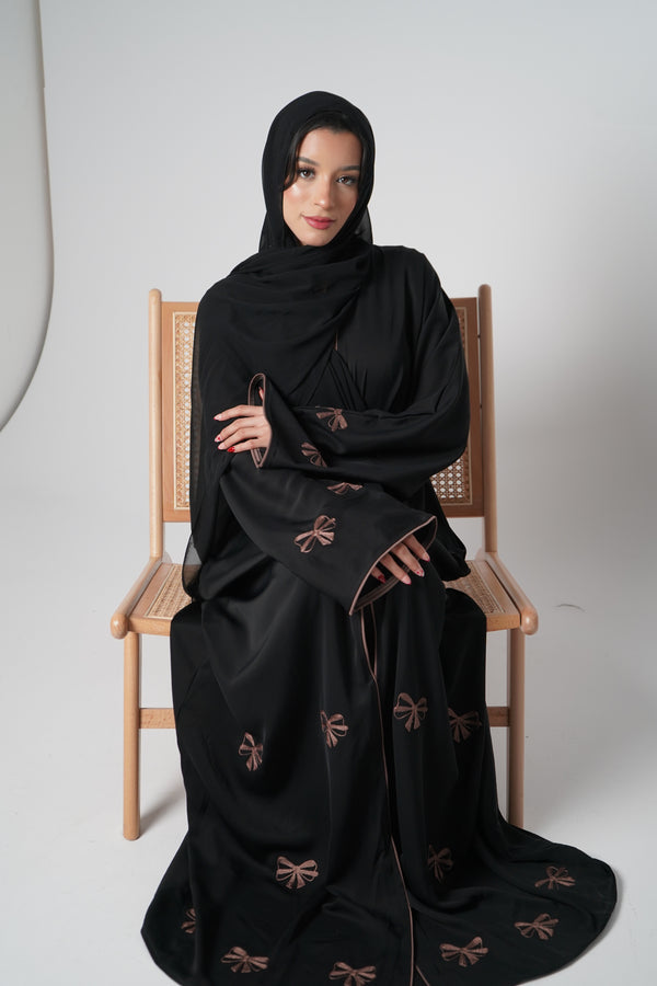 Latifa embroidery abaya with taupe brown bows – modesty living